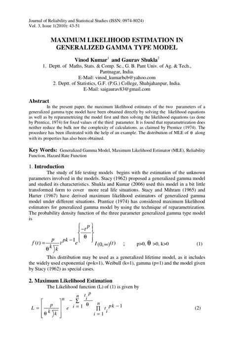 Pdf Maximum Likelihood Estimation In Generalized Gamma Type Model