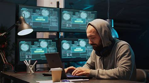 Male Hacking Thief Working On Security Breach Screen Computer Night