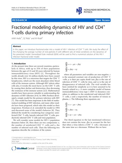 Pdf Fractional Modeling Dynamics Of Hiv And Cd4t Cells During Primary
