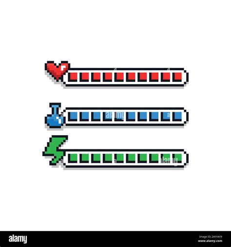 Pixel Art 8 Bit Retro Styled Game Design Interface Set Red Health Indicator With Heart Blue