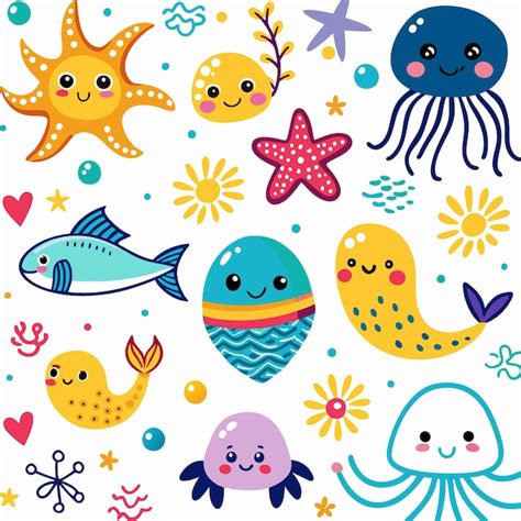 색 배경 에 태양 산호 와 해조류 가 그려진 귀여운 만화 해양 생물 프리미엄 Ai 생성 벡터