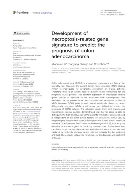 Pdf Development Of Necroptosis Related Gene Signature To Predict The Prognosis Of Colon