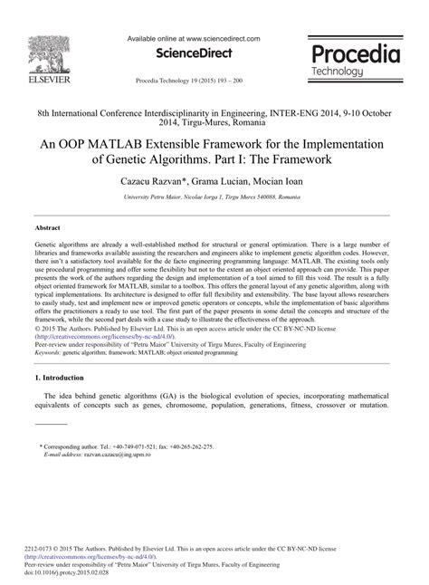 Pdf An Oop Matlab Extensible Framework For The Implementation Of Genetic Algorithms Part I