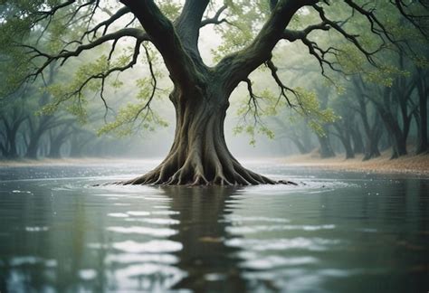 A Tree In The Water With A Reflection Of A Tree In The Water Premium AI Generated Image