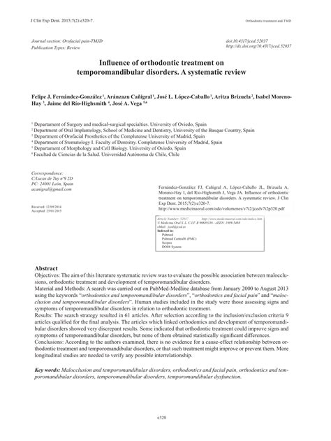 Pdf Influence Of Orthodontic Treatment On Temporomandibular Disorders A Systematic Review