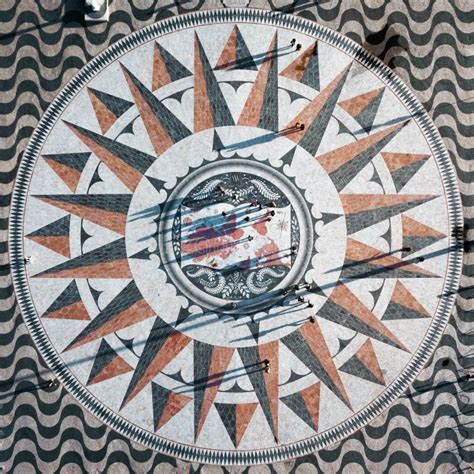 Drone Over A Huge Compass Rose In Lisbon With World Map Showing Portuguese Discoveries In