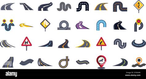 Collection Of Road Icons Representing Various Road Types Directions Turns And Symbols