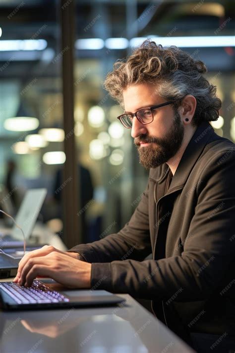 Premium Ai Image Man Programmer Using Laptop Analyzing And Development At Various Information