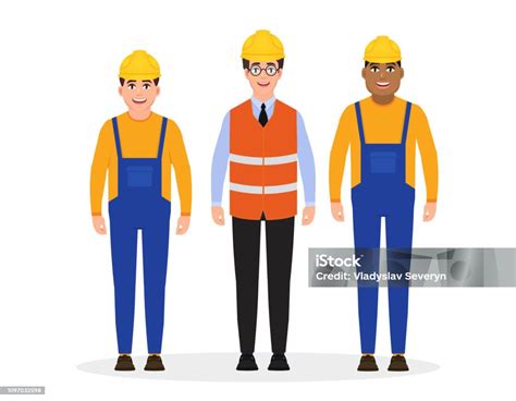 작업복 및 건설 헬멧 평면 스타일 벡터 일러스트 레이 션에에서 3 자 옷을 입고 남성 빌더 건설 산업에 대한 스톡 벡터 아트 및 기타 이미지 Istock