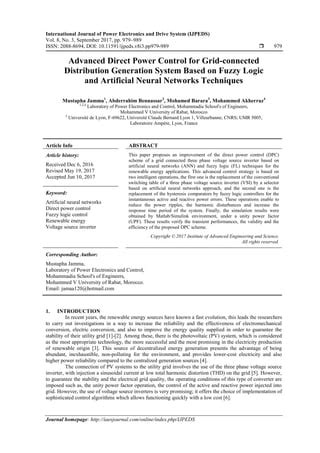 Advanced Direct Power Control For Grid Connected Distribution Generation System Based On Fuzzy