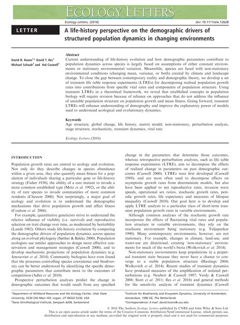 Pdf A Life History Perspective On The Demographic Drivers Of Structured Population Dynamics In