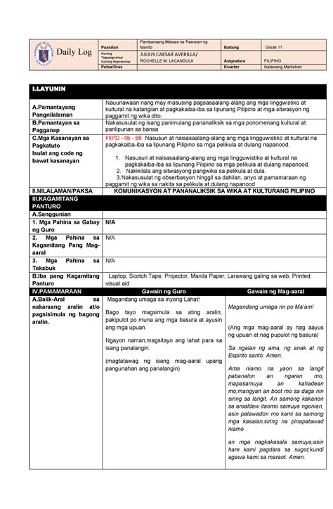 Lesson Plan Help Me Paaralan Pambansang Mataas Na Paaralan Ng