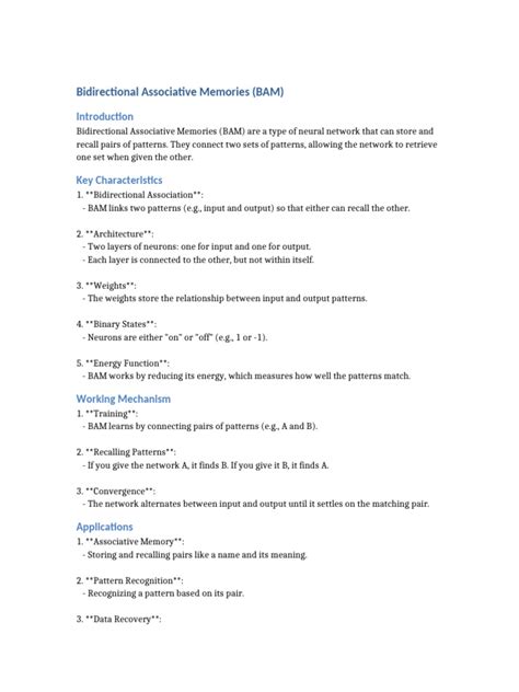 Bidirectional Associative Memories Bam Simplified Pdf