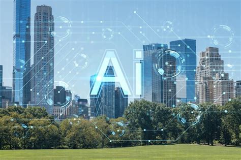 낮 시간에 센트럴 파크와 미드타운 맨해튼 스카이라인 고층 빌딩의 녹색 잔디 뉴욕 미국 인공 지능 개념 홀로그램 Ai 기계 학습 신경망 로봇 공학 프리미엄 사진