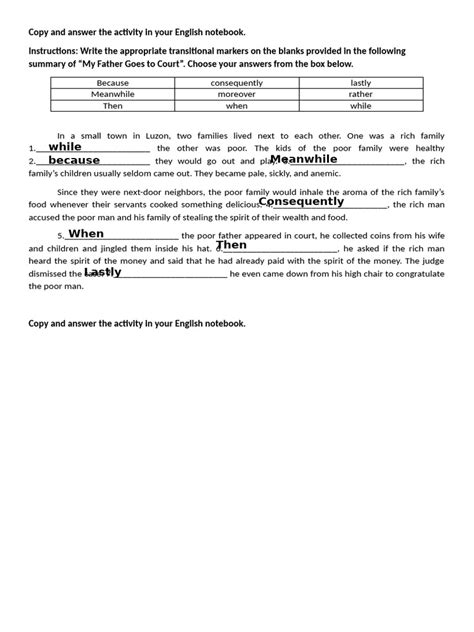Worksheet Transitional Markers Pdf
