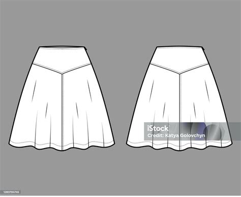 스커트 요크 테크 테크니컬 패션 일러스트와 위 무릎 길이 실루엣 반 원형 의 충만 플랫 하부 0명에 대한 스톡 벡터 아트 및