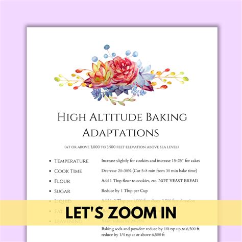 High Altitude Baking Adjustments Chart Printable Pdf Us Letter Size 8