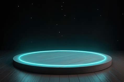Premium Ai Image A Wooden Circular Platform Podium With A Cyan Neon Light On Dark Background