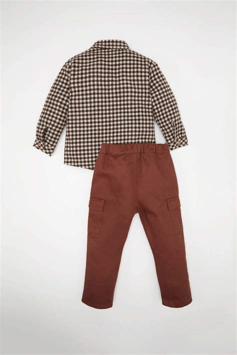 بني طفل صغير طقم اولادي قميص كاروهات وبنطلون كارجو قطعتين 3182503