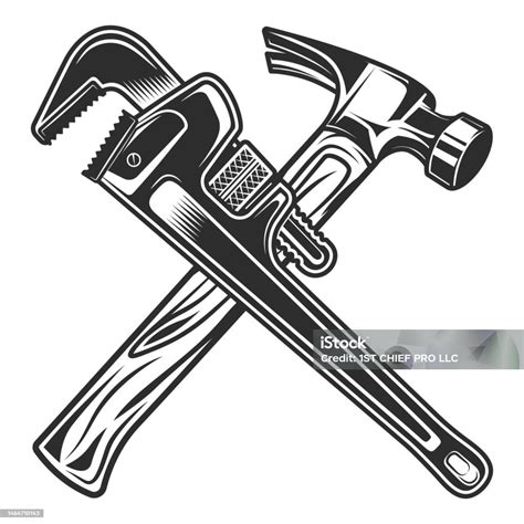 빈티지 교차 망치와 차체 공장 정비사 스패너 수리 도구 또는 건설 렌치 가스 및 건축업자 배관 파이프 흑백 스타일 벡터 일러스트