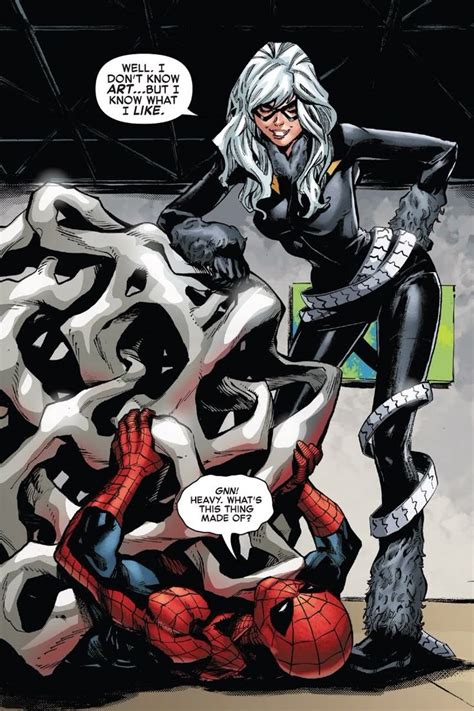 An Image Of A Woman In Black And White Costume Next To A Giant Spider Man