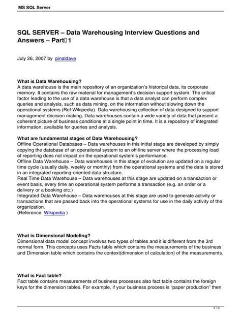 Sql Server Data Warehousing Interview Questions And Answers Part 1 Pdf Pdf Data Warehouse