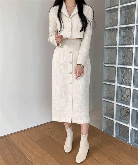 크롭자켓 롱스커트 치마 트위드 투피스 세트 고급스러운 셋업 하객룩 에이블리