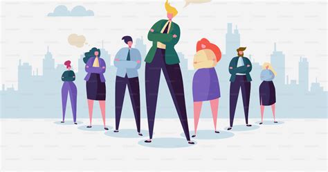 리더가 있는 비즈니스 사람들 캐릭터 그룹 팀워크와 리더십 개념 성공한 사업가는 평평한 사람들 앞에서 눈에 띈다 벡터 그림