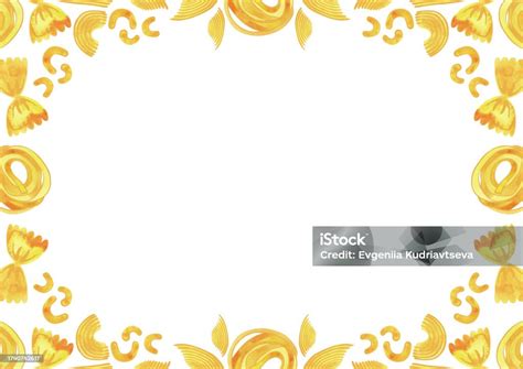 직사각형 A3 프레임은 메뉴 인증서 및 소책자 광고 카페를 디자인하기 위해 다양한 유형의 이탈리아 파스타로 만들어졌습니다 고립된 수채화 그림입니다 클립 아트 가정 주방에