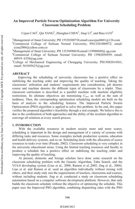 Pdf An Improved Particle Swarm Optimization Algorithm For University