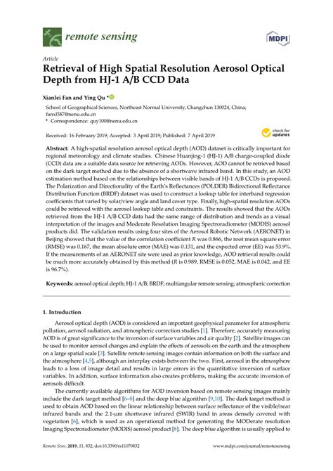 Pdf Retrieval Of High Spatial Resolution Aerosol Optical Depth From Hj 1 Ab Ccd Data