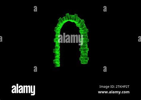 3d Stone Arch Rotates On Black Bg Object Dissolved Green Flickering Particles 60 Fps Business
