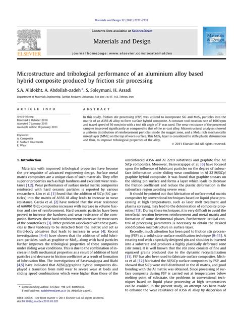 Pdf Microstructure And Tribological Performance Of An Aluminium Alloy Based Hybrid Composite