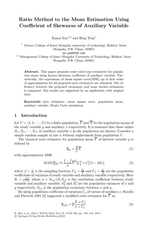 Pdf Ratio Method To The Mean Estimation Using Coefficient Of Skewness Of Auxiliary Variable