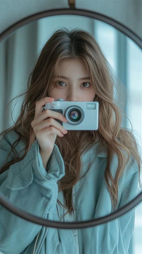 Round Mirror Reflecting A Woman Taking A Polaroid Picture Minimalist