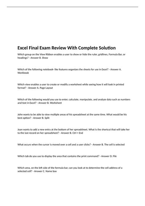 Excel Final Exam Review With Complete Solution Excel Stuvia US