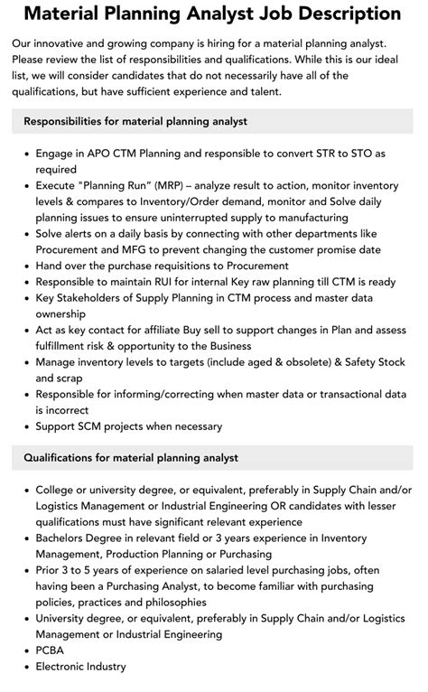 Material Planning Analyst Job Description Velvet Jobs