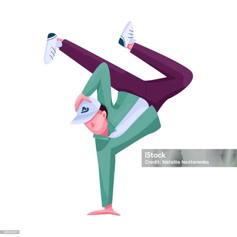 스트리트 댄스 연기자 플랫 컬러 벡터 얼굴없는 캐릭터 십대 도시 댄서 힙합 브레이크댄스 퍼포먼스 고립 된 만화 일러스트로 웹 그래픽 디자인 및 애니메이션 브레이크 댄싱에