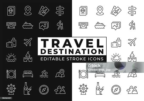 여행 목적지 라인 아이콘 편집 가능한 획 흑백 배경에 벡터 스톡 일러스트 아이콘에 대한 스톡 벡터 아트 및 기타 이미지