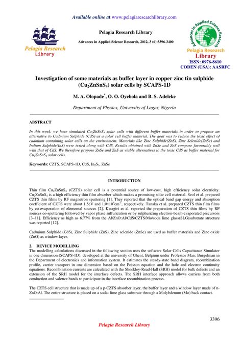 Pdf Investigation Of Some Materials As Buffer Layer In Copper Zinc Tin Sulphide Cu2znsns4