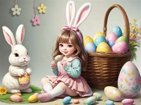 Happy Easter With Bunnies And Eggs Online Puzzle