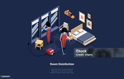 만화 3d 스타일의 벡터 일러스트레이션 텍스트 및 문자가 있는 어두운 배경의 등색 구성입니다 룸 소독 개념 위생 규칙 공간 청소 서비스 바이러스 확산 방지 3차원 형태에