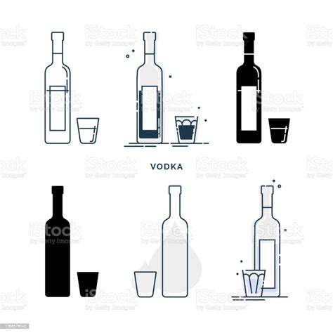 다른 스타일의 보드카병과 안경 세트 레스토랑 바 술집을위한 템플릿 알코올 음료 기호 파티입니다 한 잔의 음료를 수집합니다 흰색 배경에 격리 된 평면 그림 0명에 대한 스톡