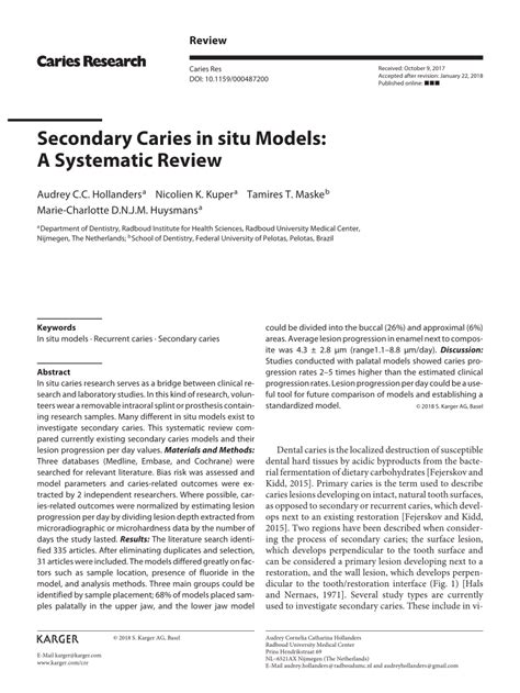 Pdf Secondary Caries In Situ Models A Systematic Review