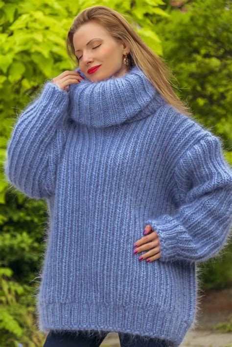 Blue Mohair Sweater With Additional Turtleneck Blue Fluffy Turtleneck