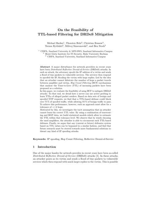 Pdf On The Feasibility Of Ttl Based Filtering For Drdos Mitigation