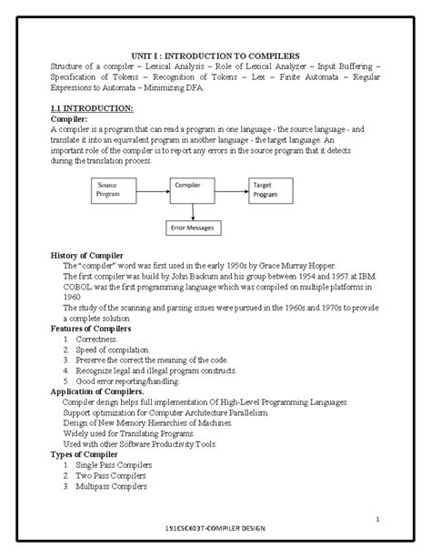 Unit I Introduction To Compilers Lexical Analysis And Structure