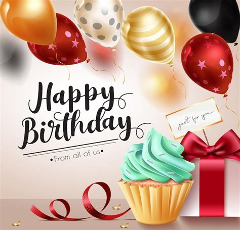 생일 깜짝 벡터 디자인입니다 컵 케 익 선물의 축 하 요소와 생일 텍스트입니다 프리미엄 벡터