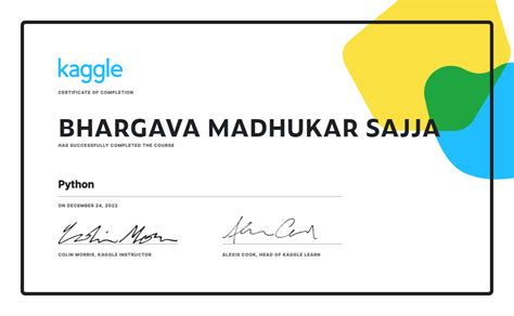 Bhargava Madhukar Sajja Completed The Python Course On Kaggle