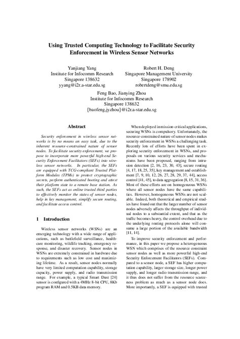 Pdf Using Trusted Computing Technology To Facilitate Security Enforcement In Wireless Sensor